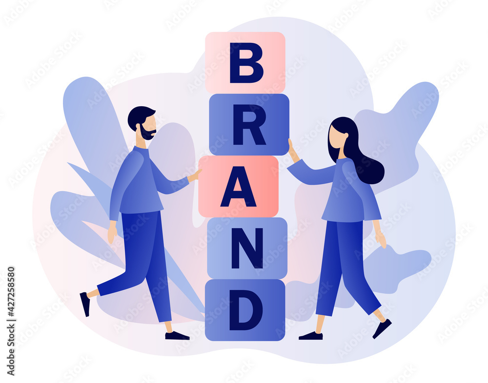 Tiny people build the word BRAND from cubes. Work on branding ...