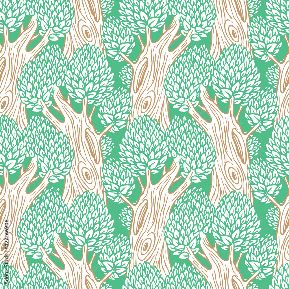 Vector seamless pattern with old deciduous trees. Colored repeating ...