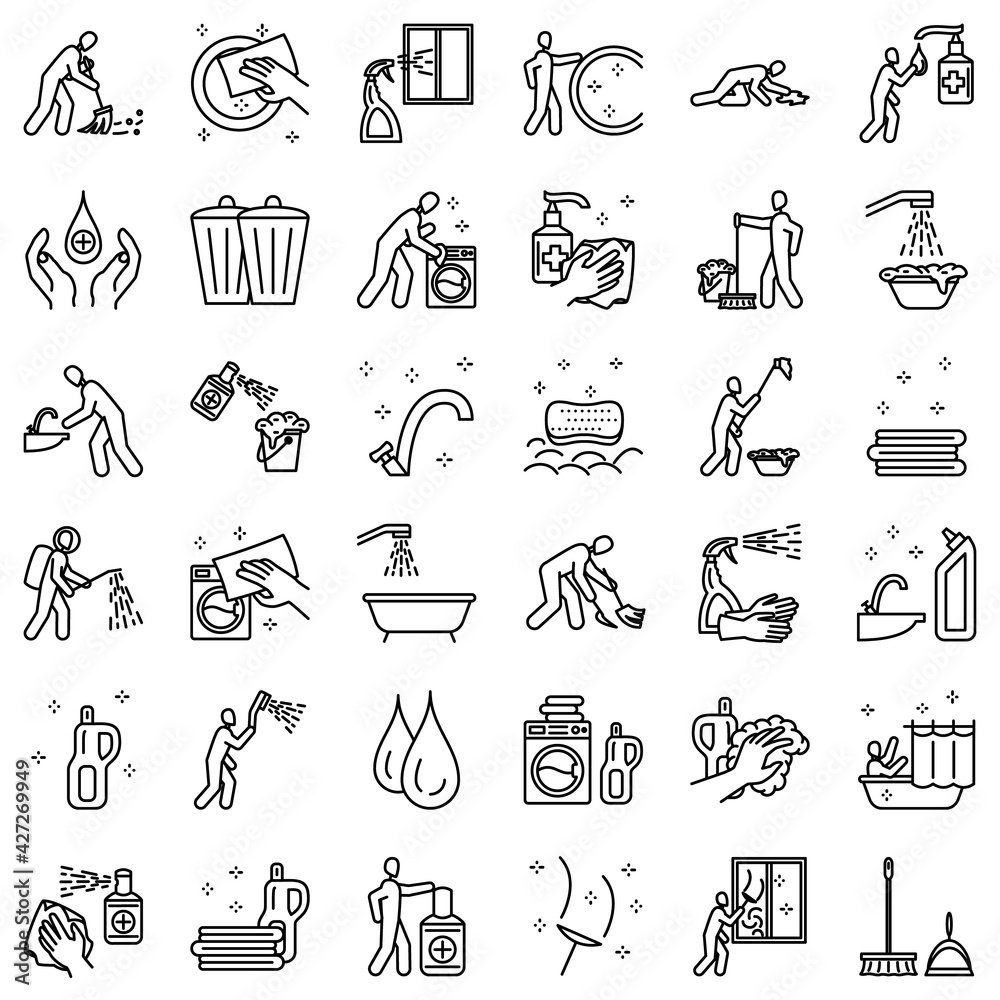 Cleaning and disinfection icon set. Washing linen, picking up garbage ...