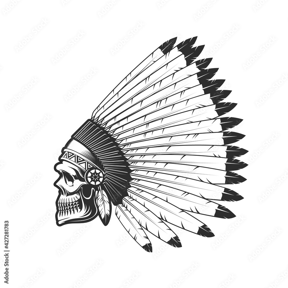 Indian chief skull tattoo, American native warrior head in feather ...