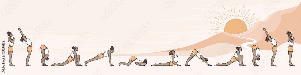 Hand drawn illustration of a young woman doing sun salutation, with a ...
