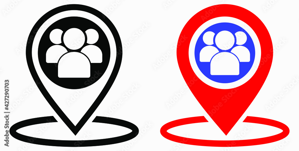 Group of people location icon. Gathering people. Place on the map of people. Vector icon. Stock ...