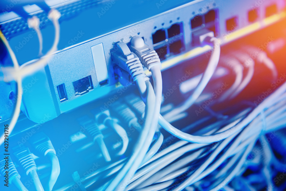 Business Network panel with switch and cable rj45 in data center blue ...