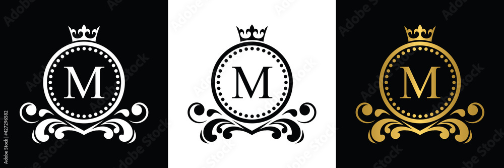 Golden and black Letter M template logo Luxury gold letter with crown ...