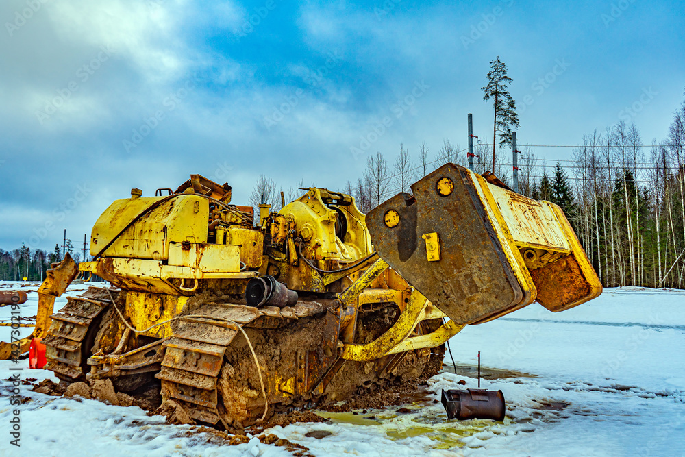 Large tractor for laying gas pipeline and oil pipeline pipes. Pipe ...