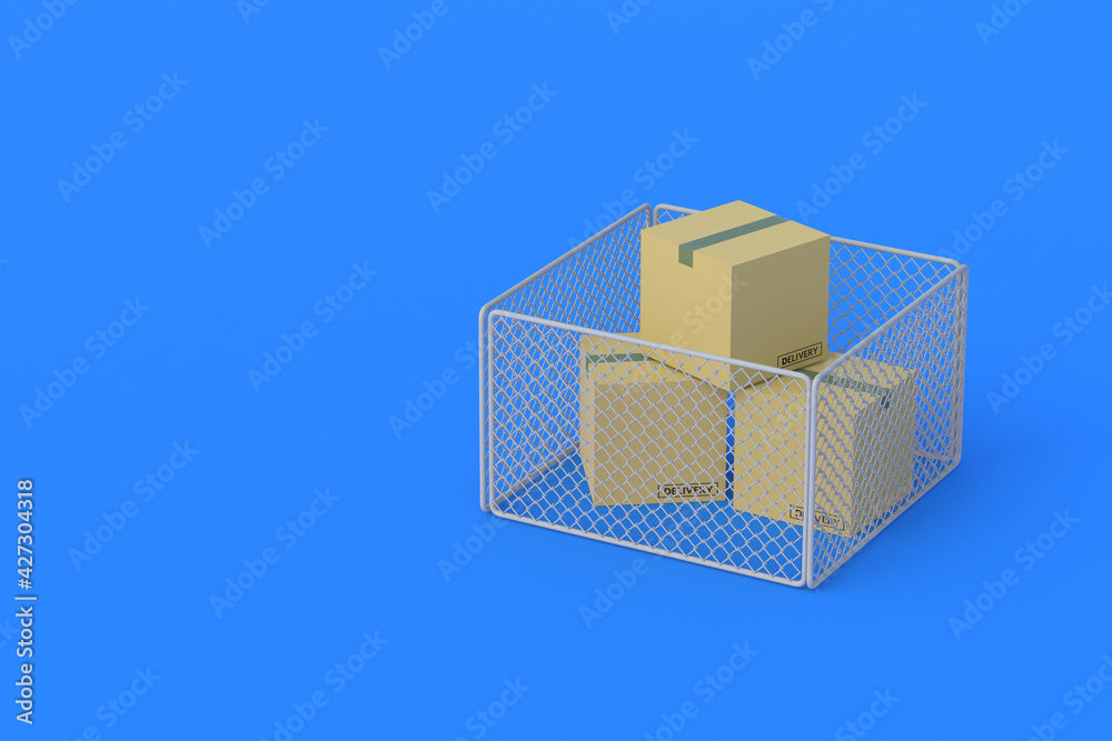 Cardboard boxes and metal grid fence. Arrest of cargo. Customs control ...