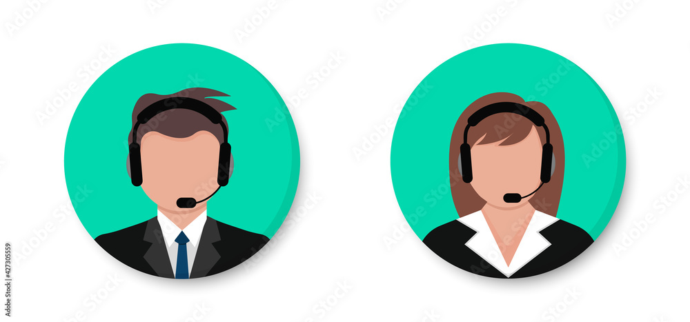 Call center. Support service icon. Male and female call center working ...