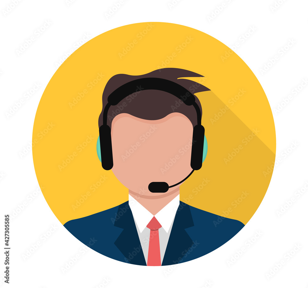 Call center. Support service icon. Male call center working in ...