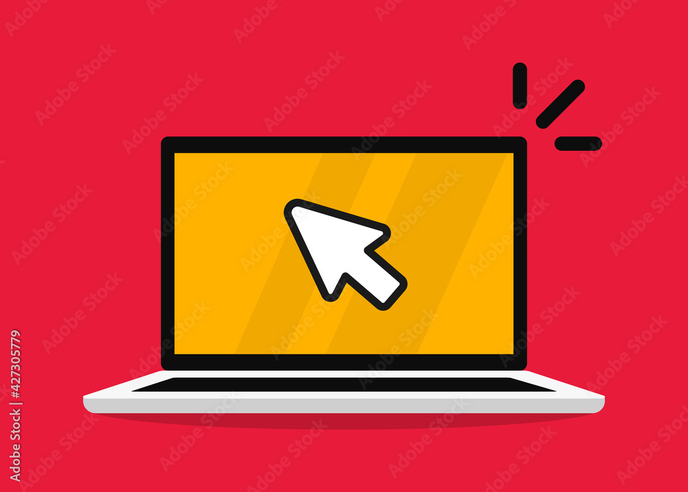 Laptop with cursor on screen. Click in laptop flat vector icon. Arrow ...