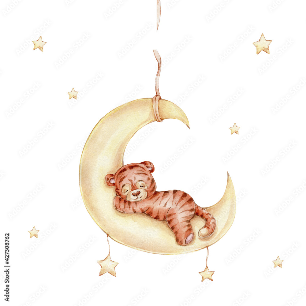Cute cartoon tiger sleeping on the moon; watercolor hand drawn ...