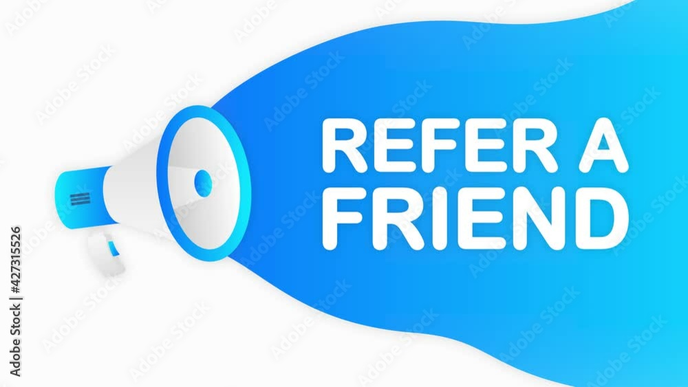 Megaphone REFER A FRIEND countdown template with blue objects on white ...