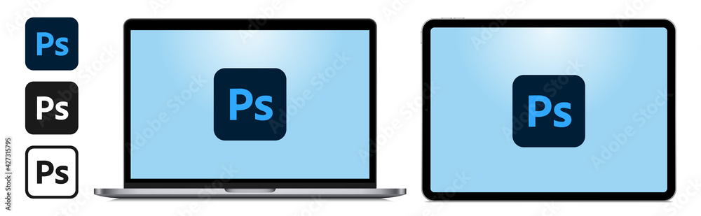 Adobe Photoshop logo on laptop computer and tablet screen. Isolated ...