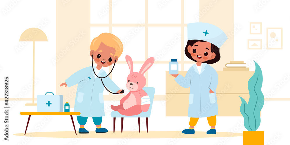Kids playing doctor. Boy and girl in medical uniform treat and examine ...