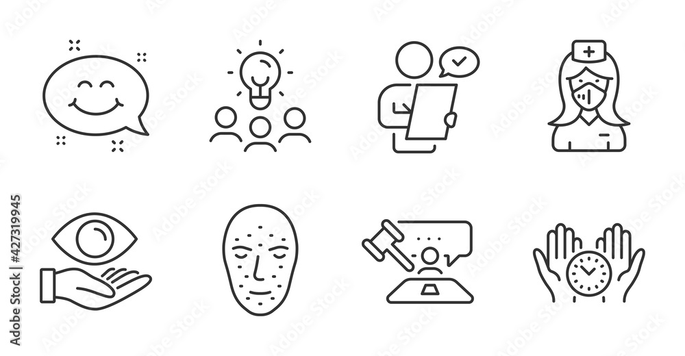 Safe time, Smile chat and Face biometrics line icons set. Business idea ...