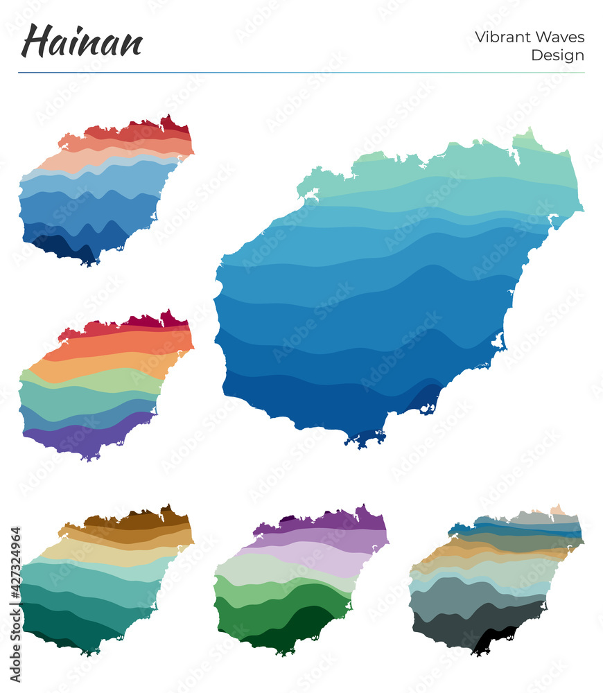Set of vector maps of Hainan. Vibrant waves design. Bright map of ...