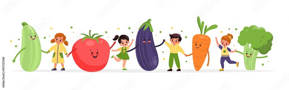 Happy kids with vegetables. Smiling girls and boys dance with big ...