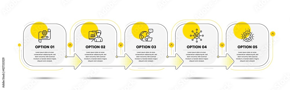 5g technology, Presentation and Cogwheel blueprint line icons set ...