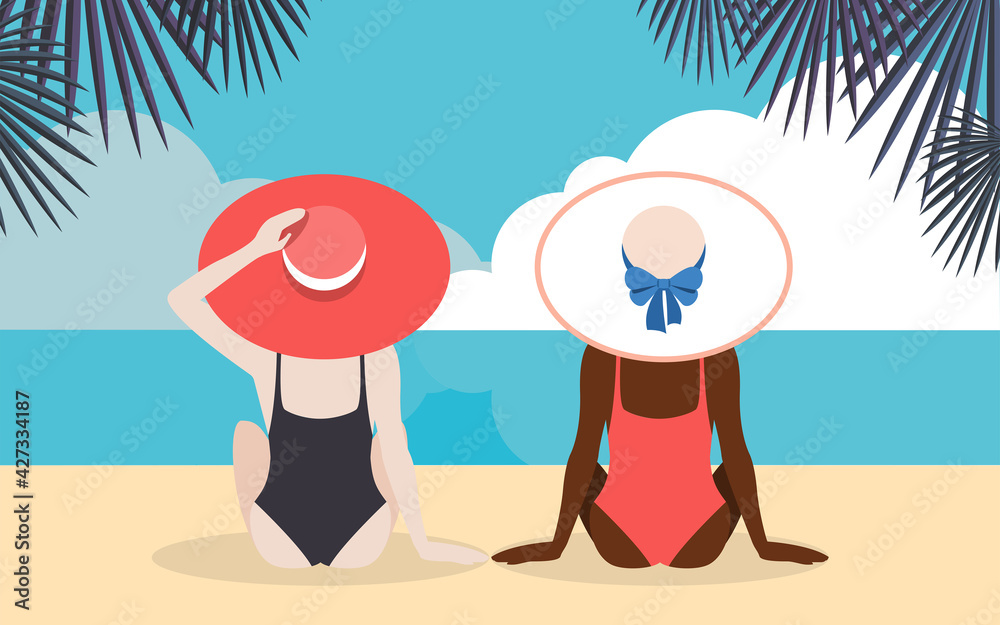 Beach girls Vector illustration in flat design Two women in broad-brim ...
