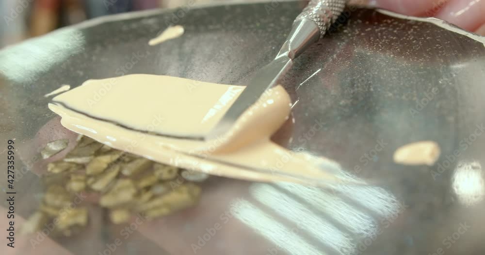 Foundation, concealer, face make-up smudge, smear. Cosmetic liquid ...