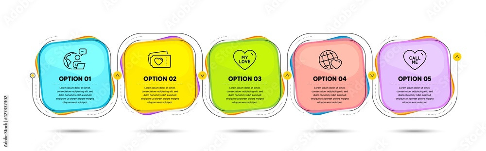 Call me, Love tickets and My love line icons set. Timeline process ...