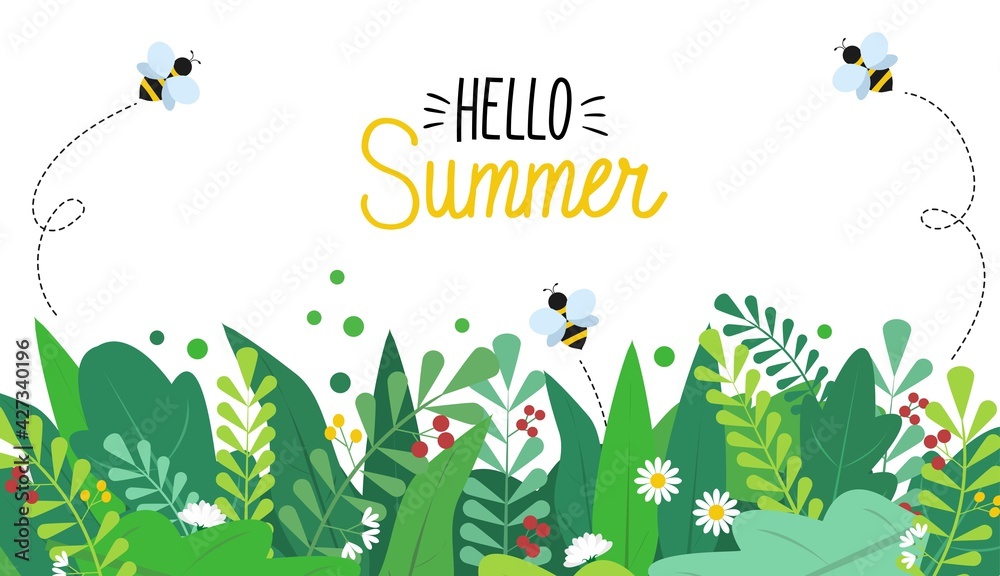 Summer background with colorful green leaves, bees and flowers on white ...