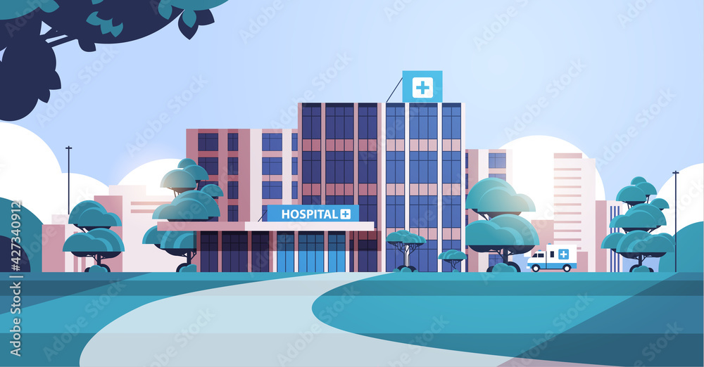 city background with hospital building and ambulance car medical center ...