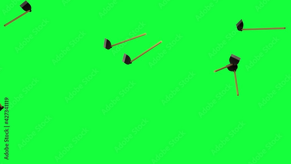Wooden and Iron Hoe Tool falling on a green screen chroma key ...