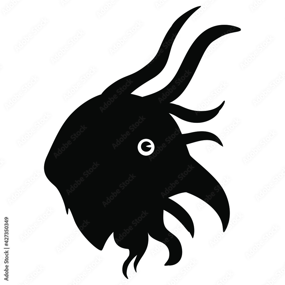 Head of a medieval demon or devil with bird's beak. Black and white ...