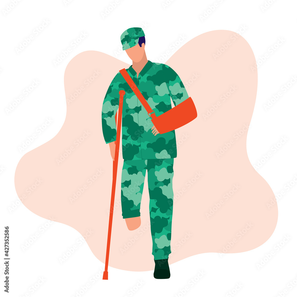 Young Military Man Lost His Leg. People With Disability Concept. Vector ...