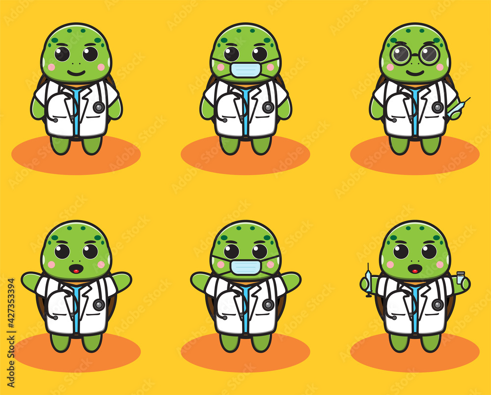 Vector illustration of cute Little Turtle Doctor cartoon set. Good for ...