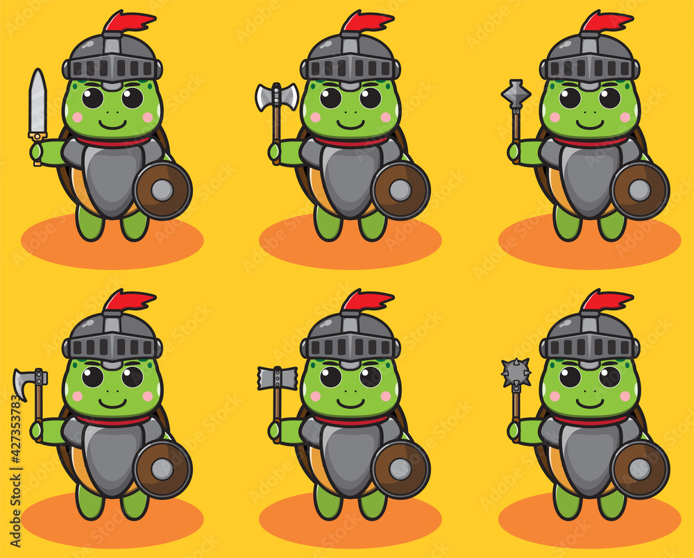 Vector illustration of cute Little Turtle Knight cartoon set. Good for ...