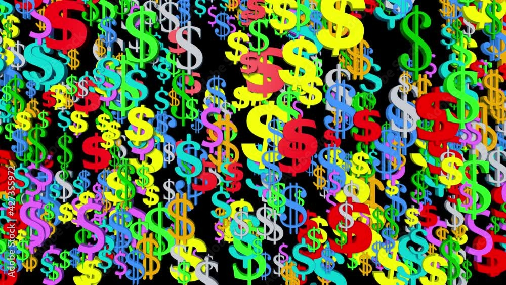 Colorful dollar signs accumulate on screen. 3d animation render. Use ...