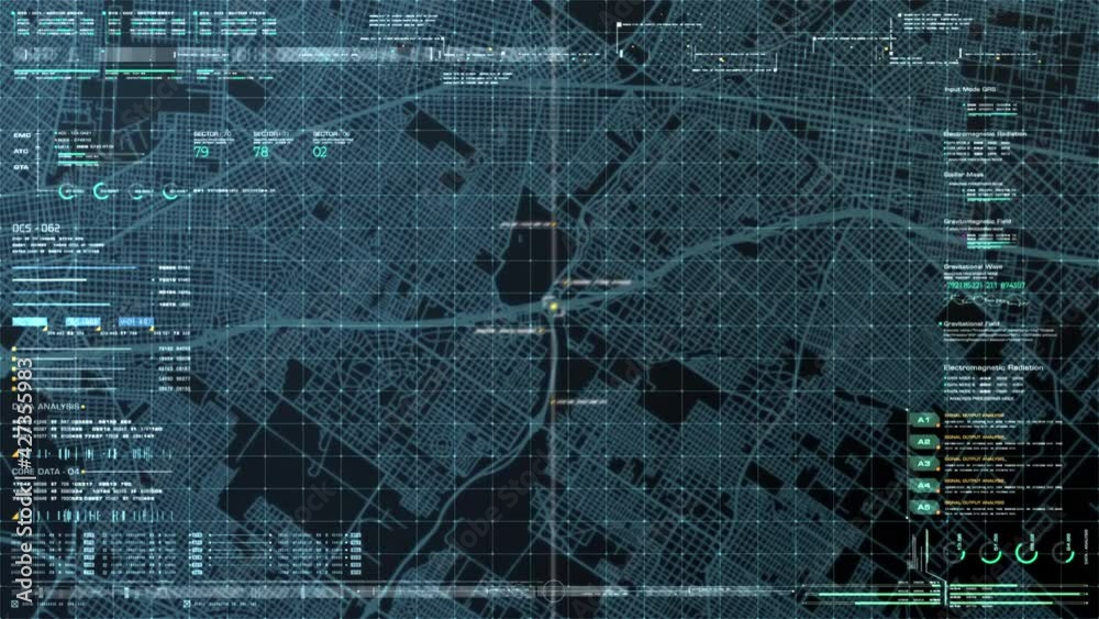 Futuristic digital city map layout with satellite GPS coordinate ...