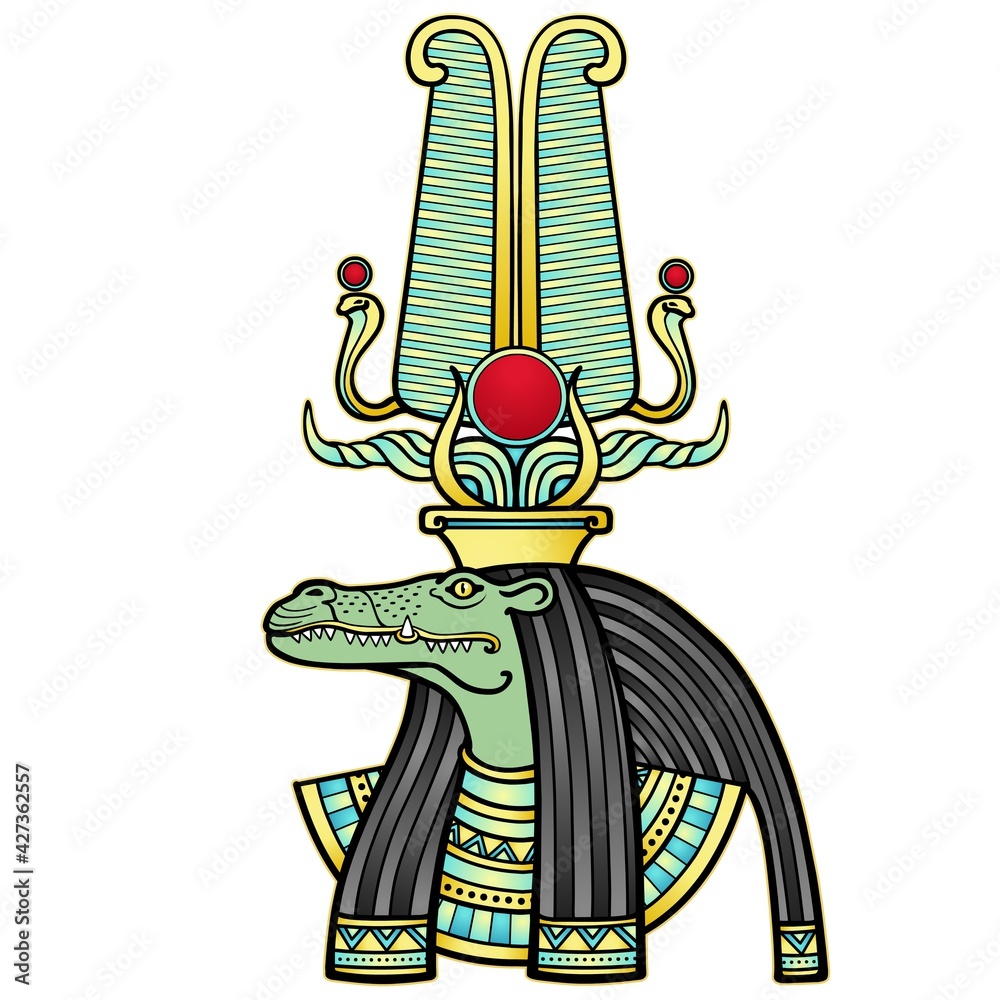 Animation color portrait Ancient Egyptian god Sobek. Deity with a ...