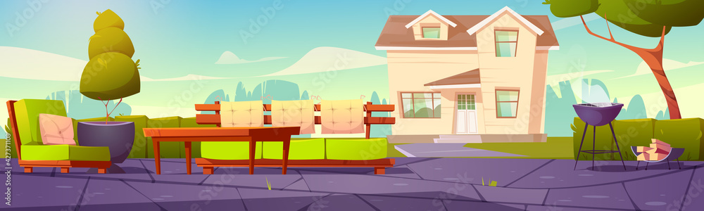 House backyard, patio with sofa, table and cooking grill for bbq ...