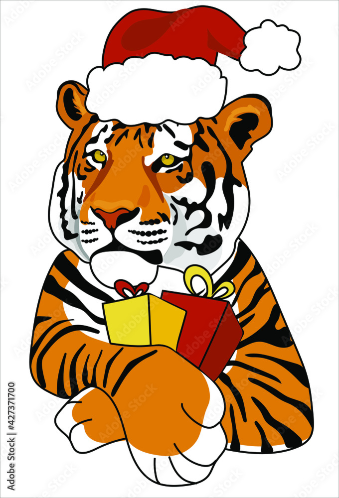 Tiger in a santa hat and with gifts. The symbol of the Chinese New Year ...