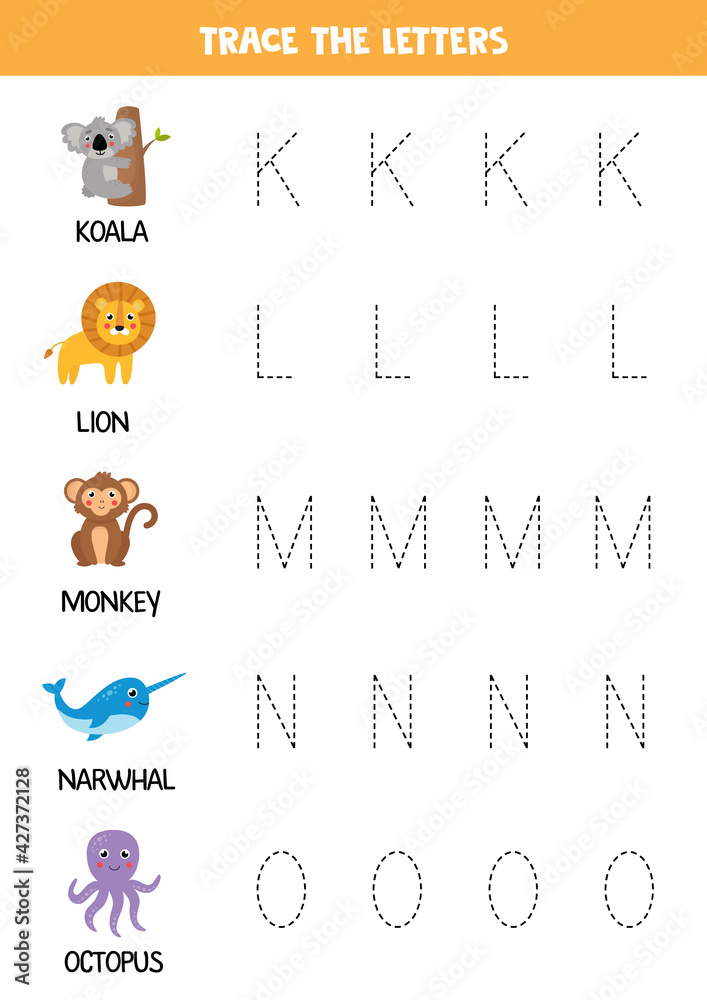 Tracing letters of English alphabet with animals. Writing practice ...