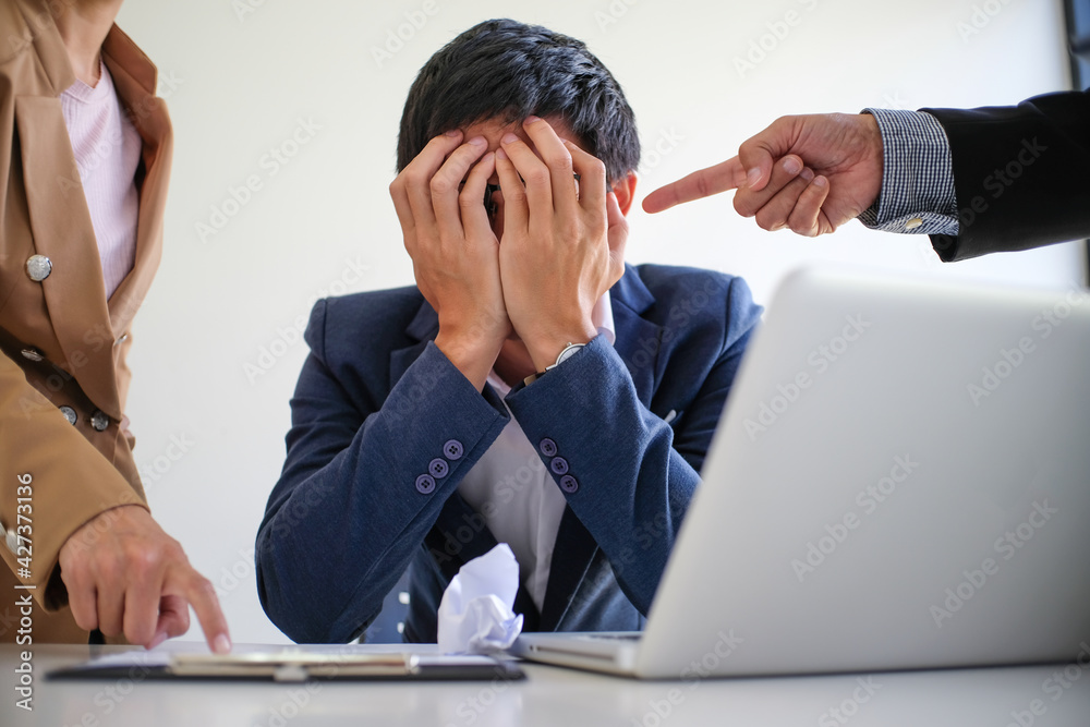Angry boss Bullying with an out of control boss shouting to a stressed ...