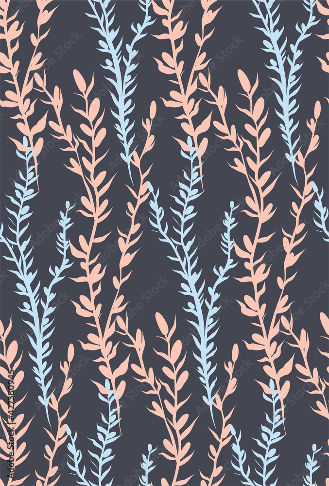 Delicate stems of herbs and twigs with thorns and petals. Seamless ...