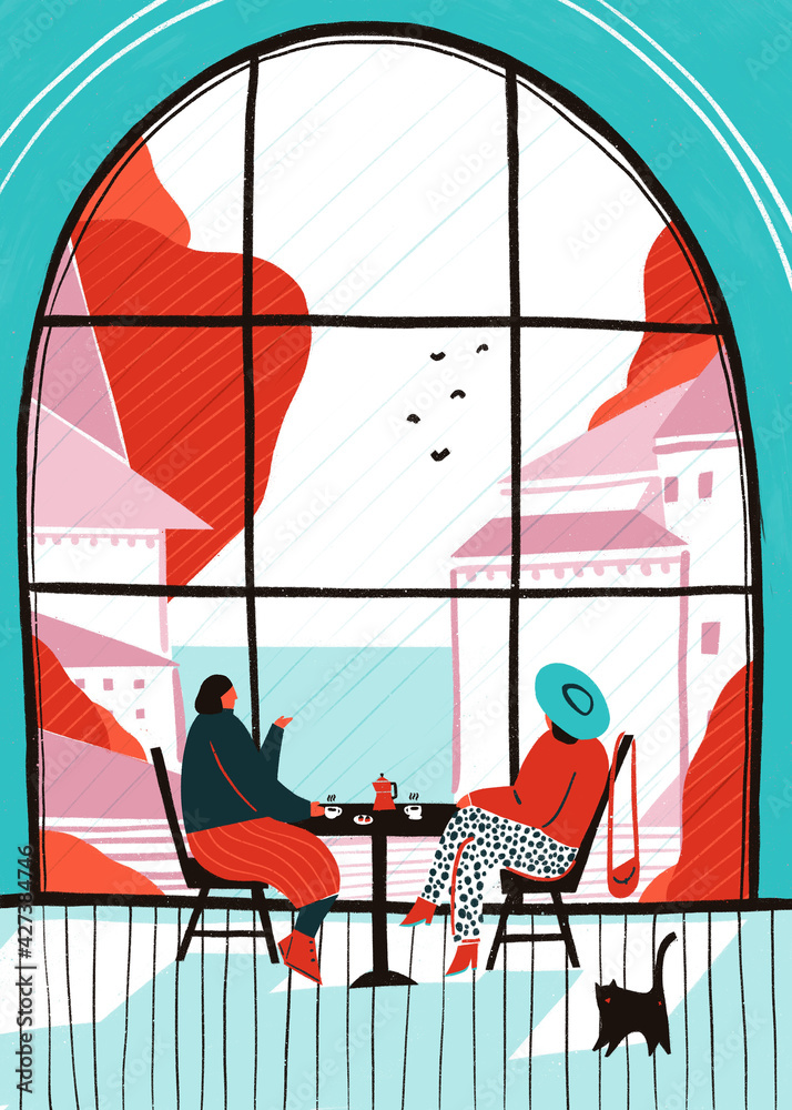 Women at cafe hand drawing illustration. Young girls are drinking ...