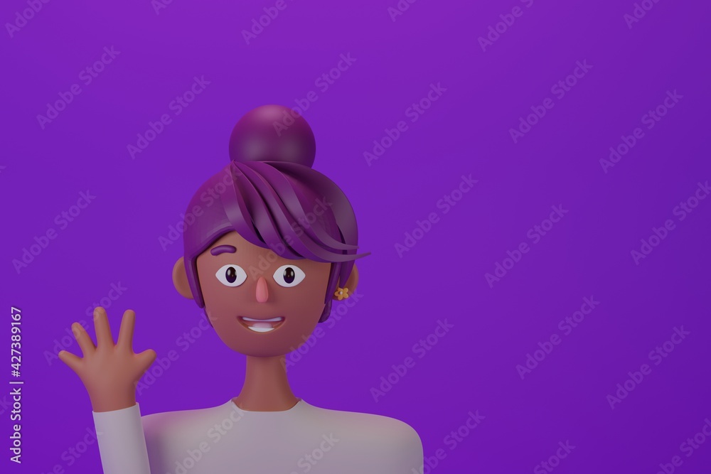 3d cute girl say Hi with hand up. Trendy bold colors and cute cartoon ...