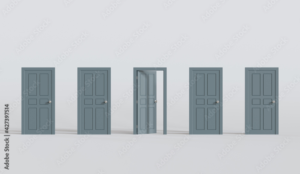 Five doors with central door open. minimal concept idea. 3d ...