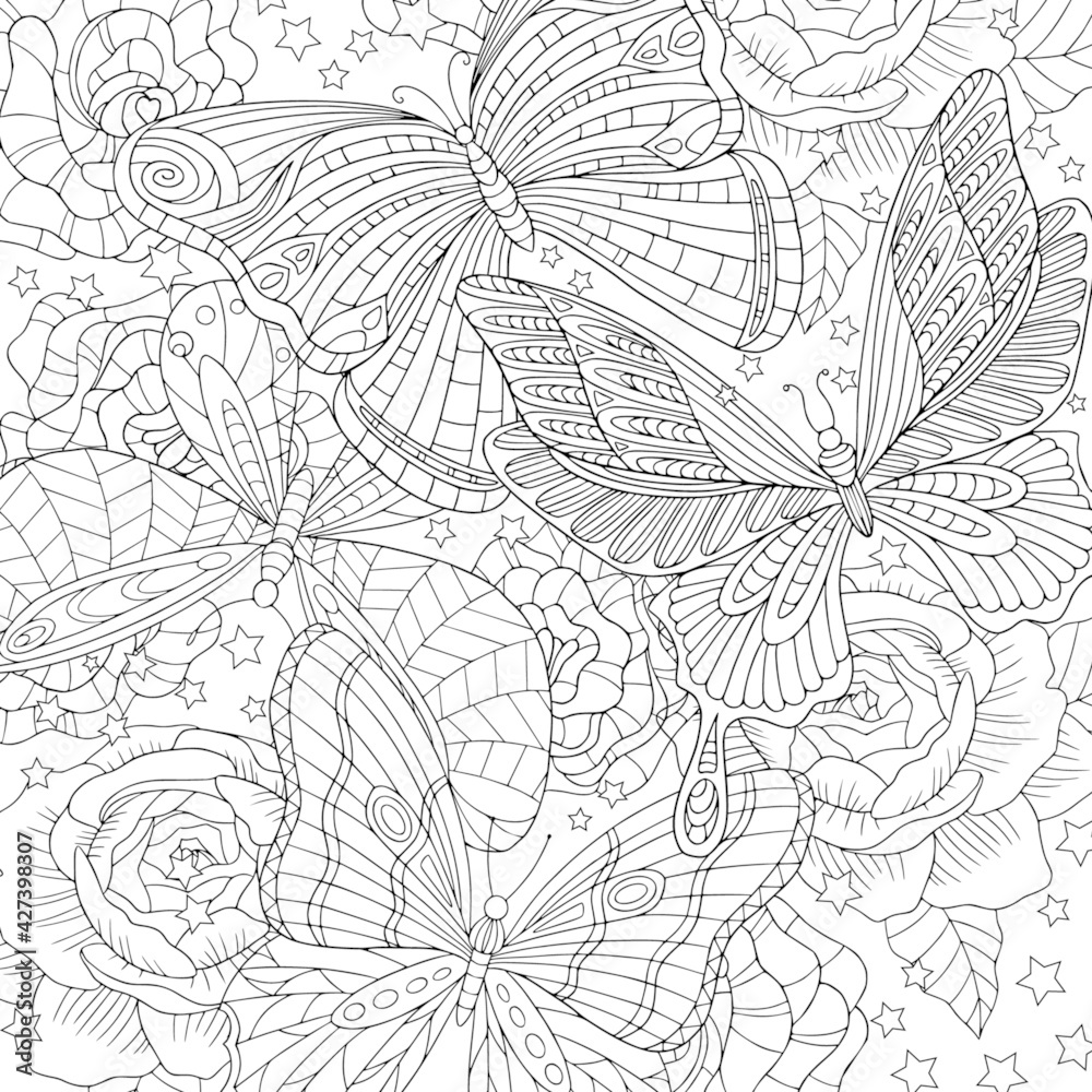 Butterflies and flowers in the garden. Coloring book page for adult ...