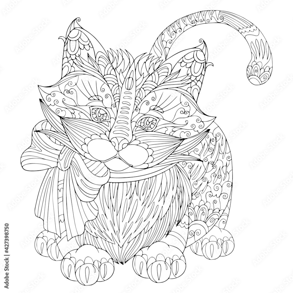 Coloring book page funny fluffy kitten with bow. Vector cat ...