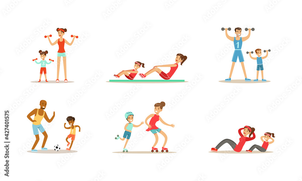 Parents and their Kids Doing Sports Together Set, Families Exercising ...