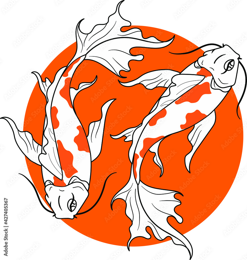 Koi fish with orange circle background isolated, vector illustration ...
