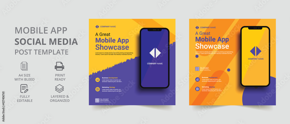Mobile app promotion social media post template. Set of Instagram ...