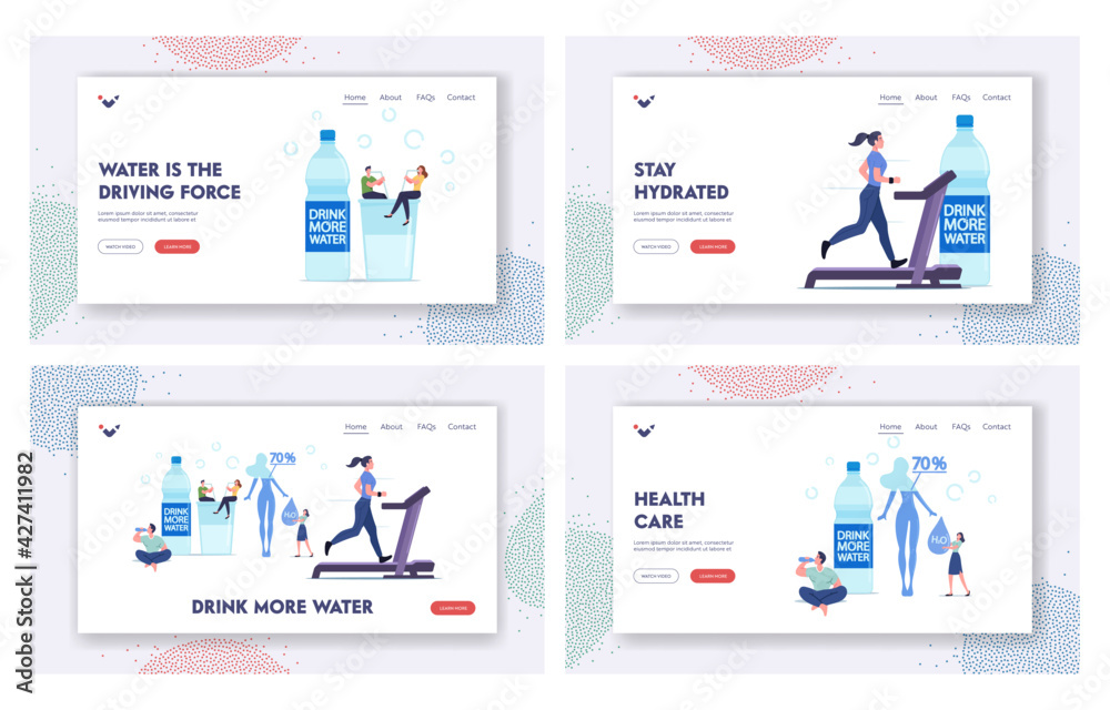 Characters Drink Water, Stay Hydrated Landing Page Template Set. Tiny ...