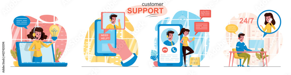 Customer support concept scenes set. Hotline operators advising clients ...