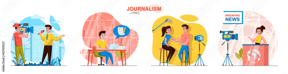 Journalism concept scenes set. Reporter recording reportage, journalist ...